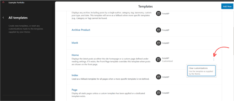 Reset/Restore Default Layout For Templates/Template Parts